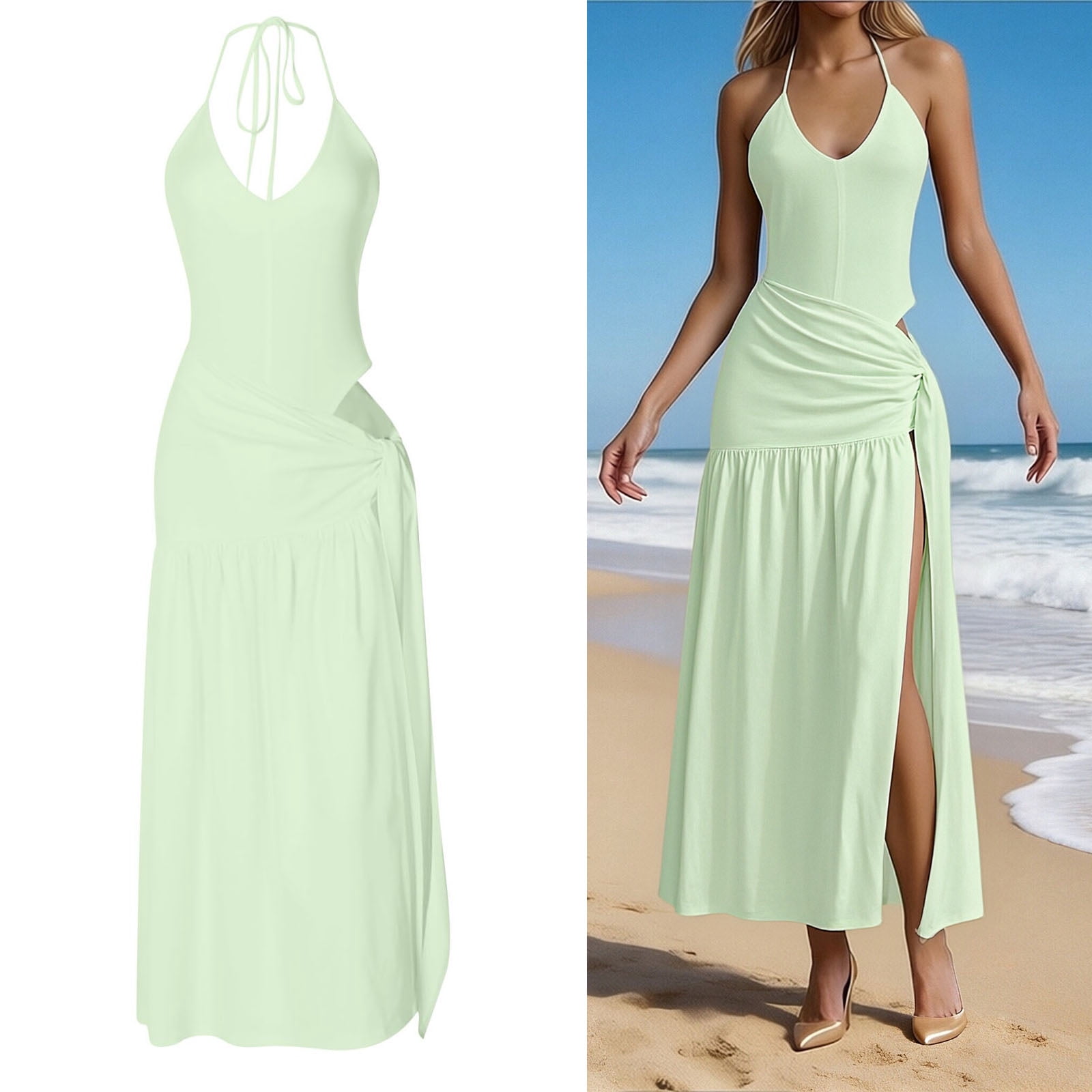2 Piece Set for Women Halter Tie Bodysuit Top and Wrap Tied High Split ...