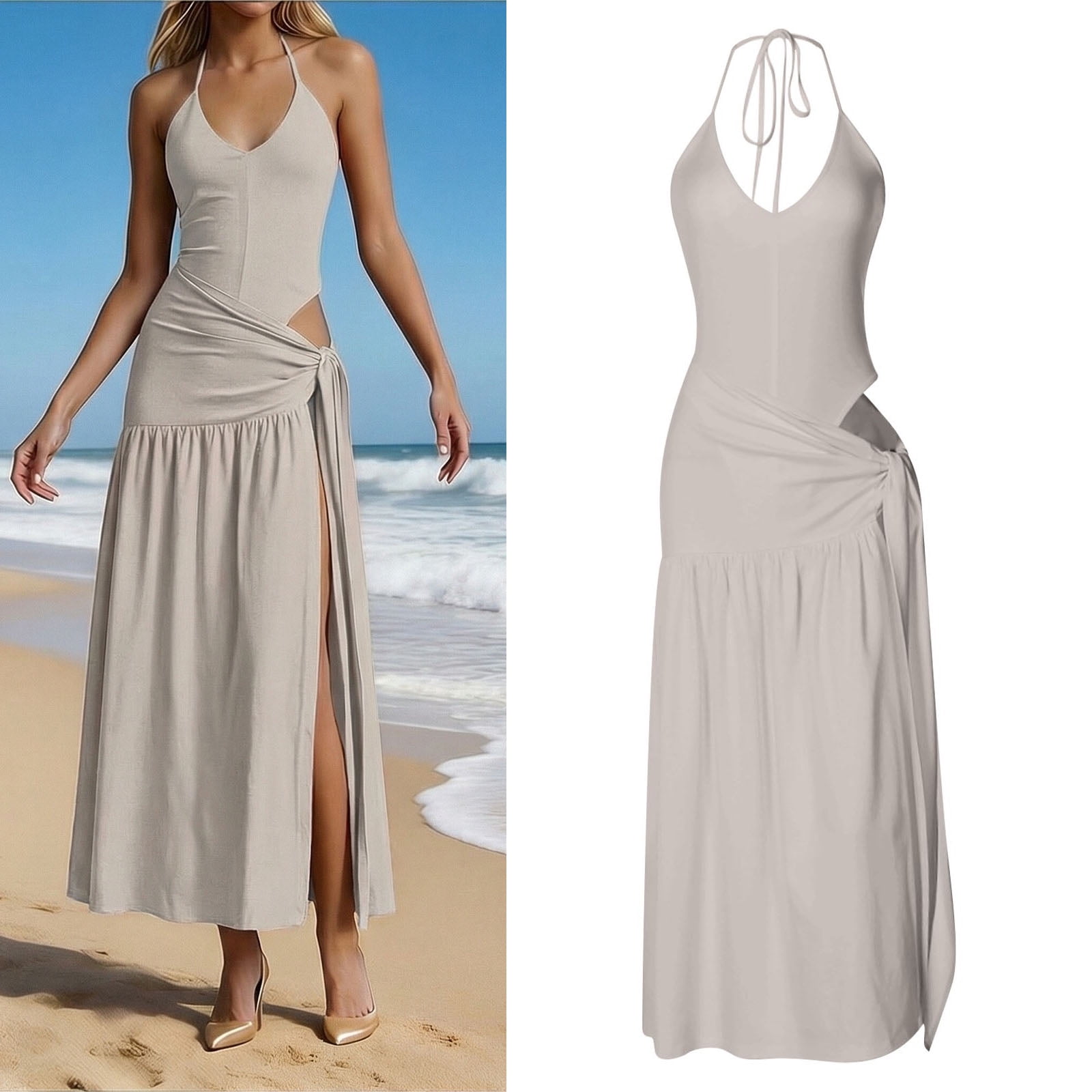 2 Piece Set for Women Halter V Neck Backless Bodysuit and Slit Wrap ...