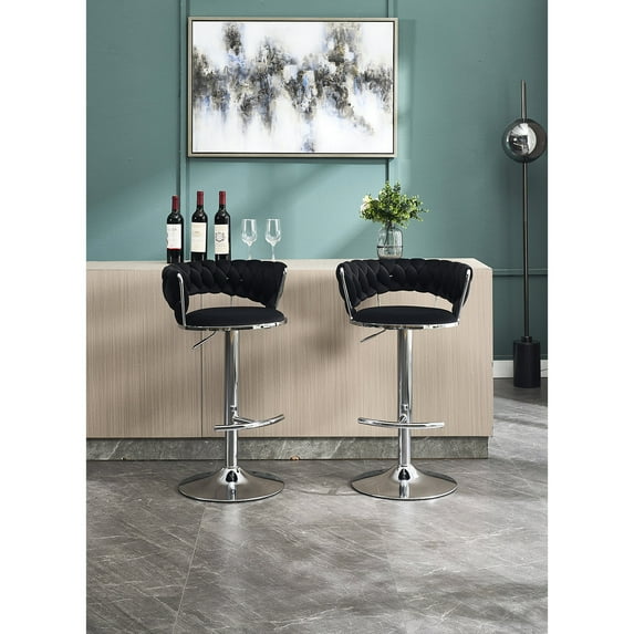 2-Piece Set of Black Bar Stools with Chrome Footrest and Swivel, Height ...