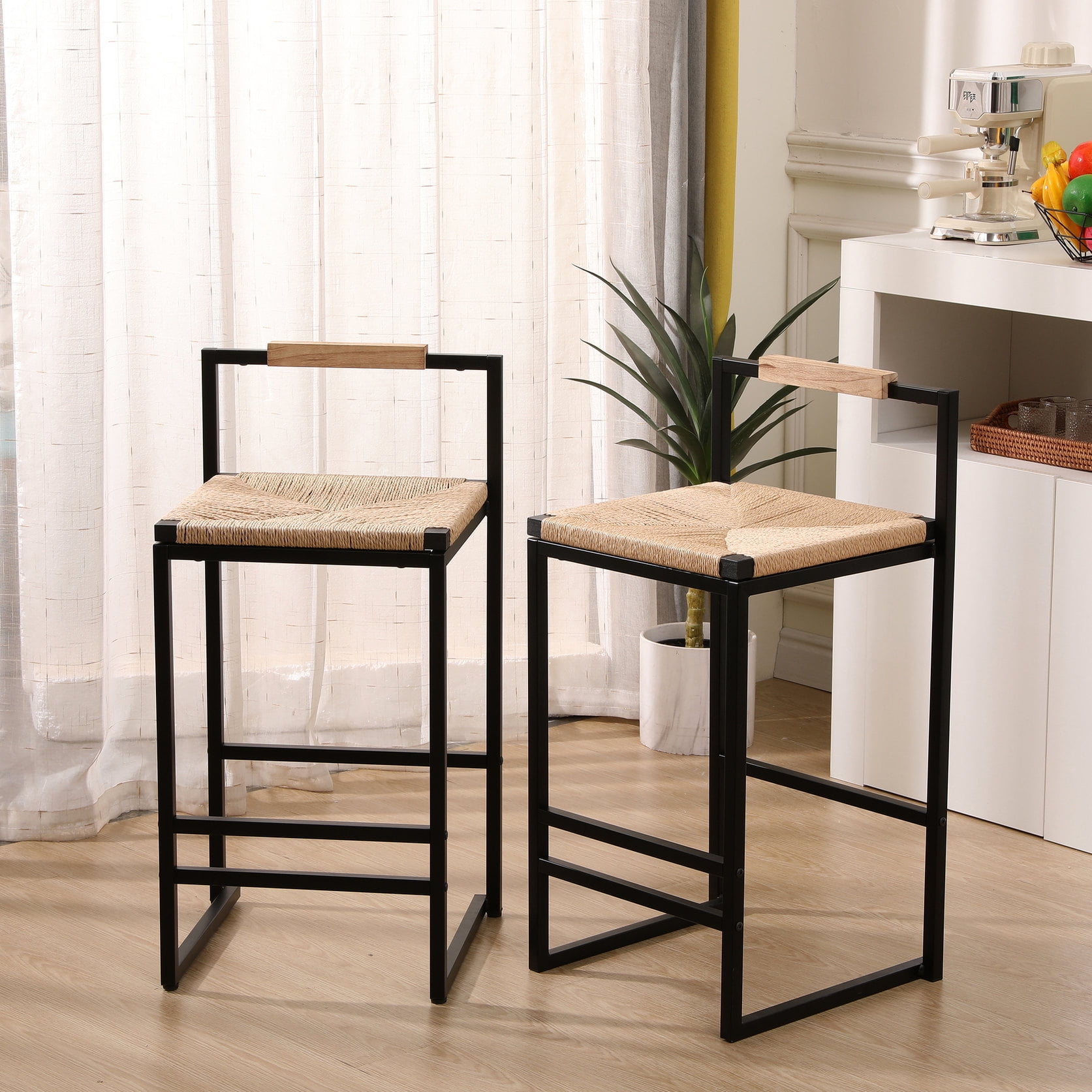 2-Piece Set of Paper Rope Woven Bar Stools with Back, for Multiple ...