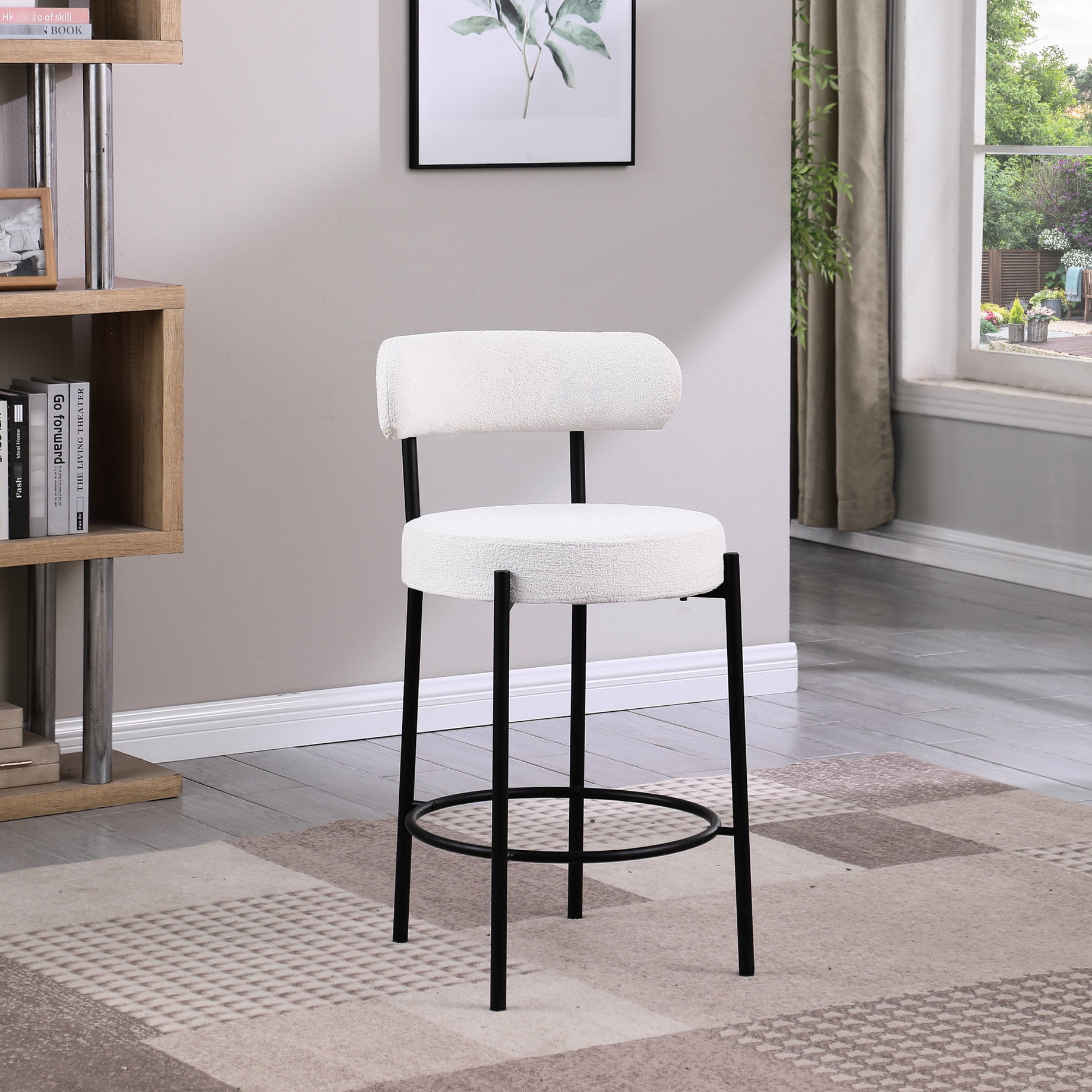 2-Piece Set of Round Low Back Counter Stools | Sherpa Upholstered with ...