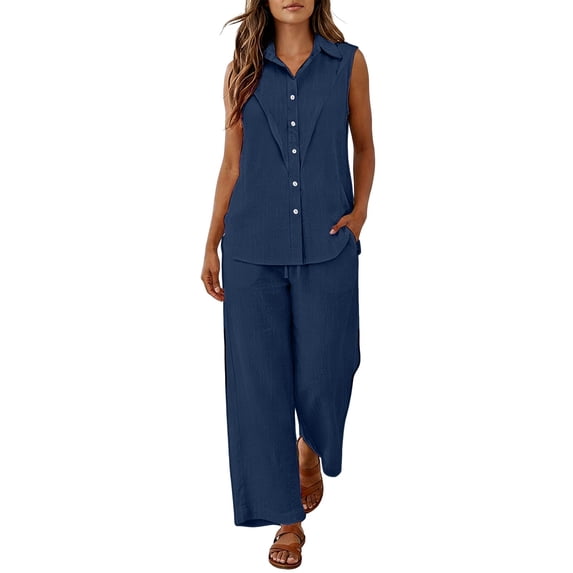 2 Piece Sets For Women,Round Neck Sleeveless Tank Crop Top Wide Leg ...