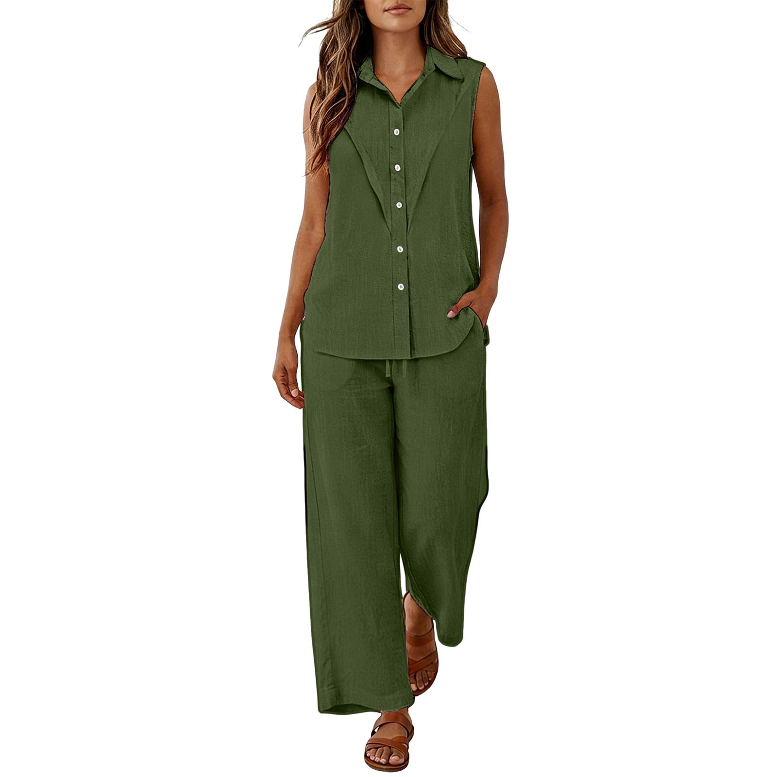 2 Piece Sets For Women,Round Neck Sleeveless Tank Crop Top Wide Leg ...