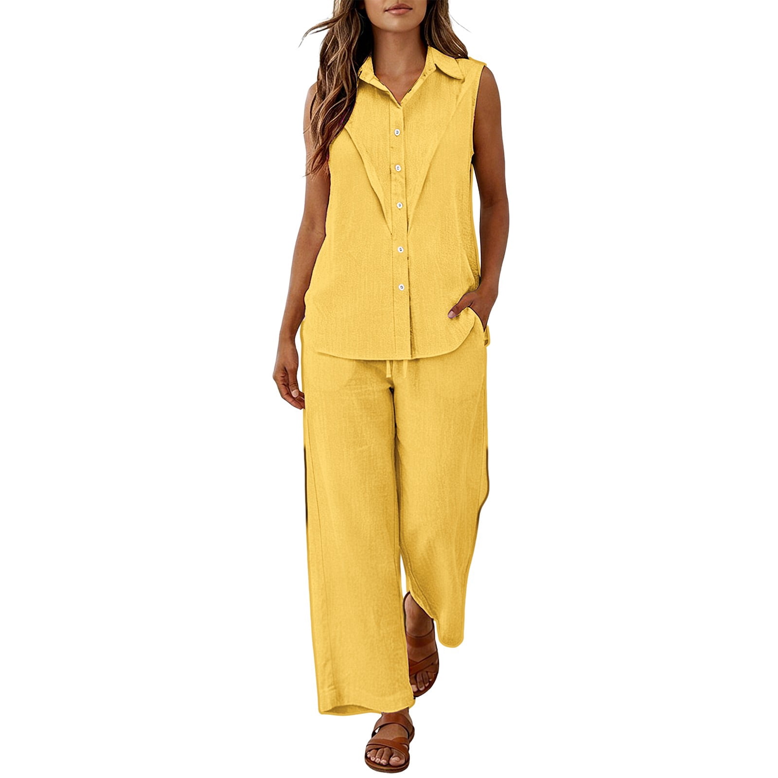 2 Piece Sets For Women,Round Neck Sleeveless Tank Crop Top Wide Leg ...
