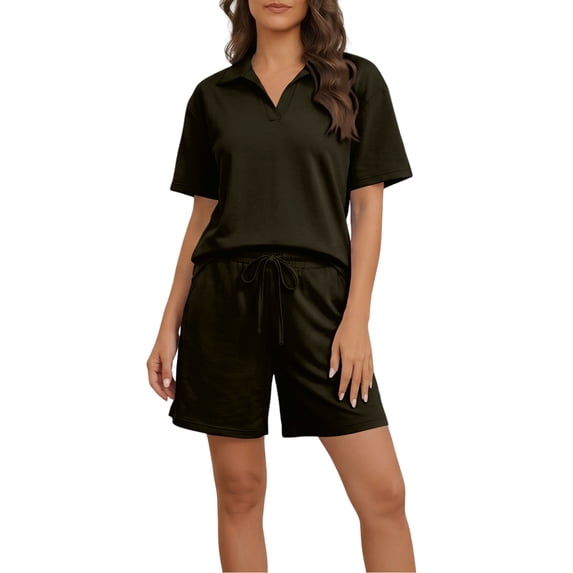 2 Piece Sets For Women Short Sleeve Polo Collar V Neck Shirt And ...