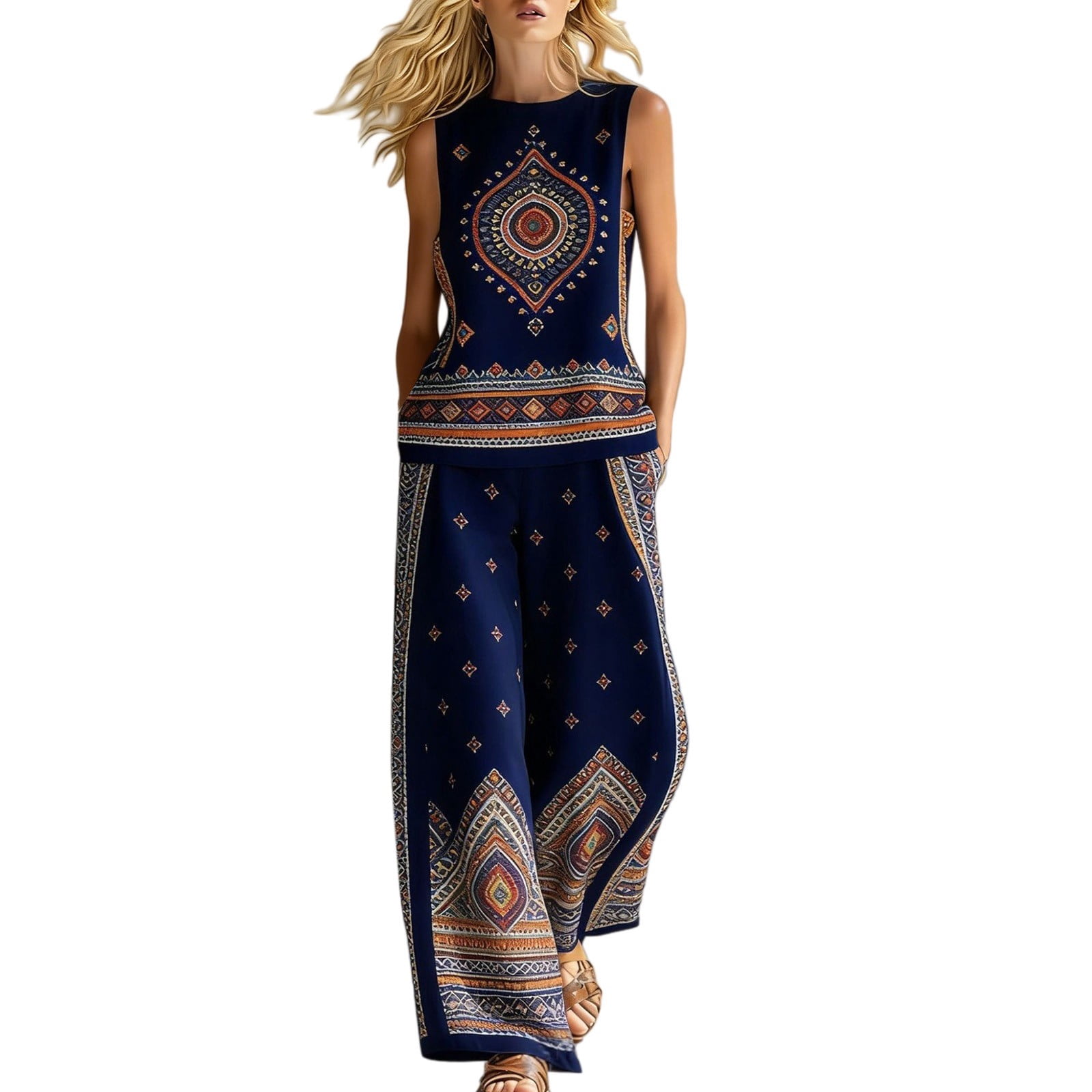 2 Piece Sets for Women Color Block Print Linen Lounge Sets Soft Boho ...