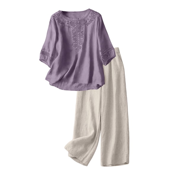 2 Piece Sets for Women Linen Lounge Matching Set Flowy Wide Leg Pant ...