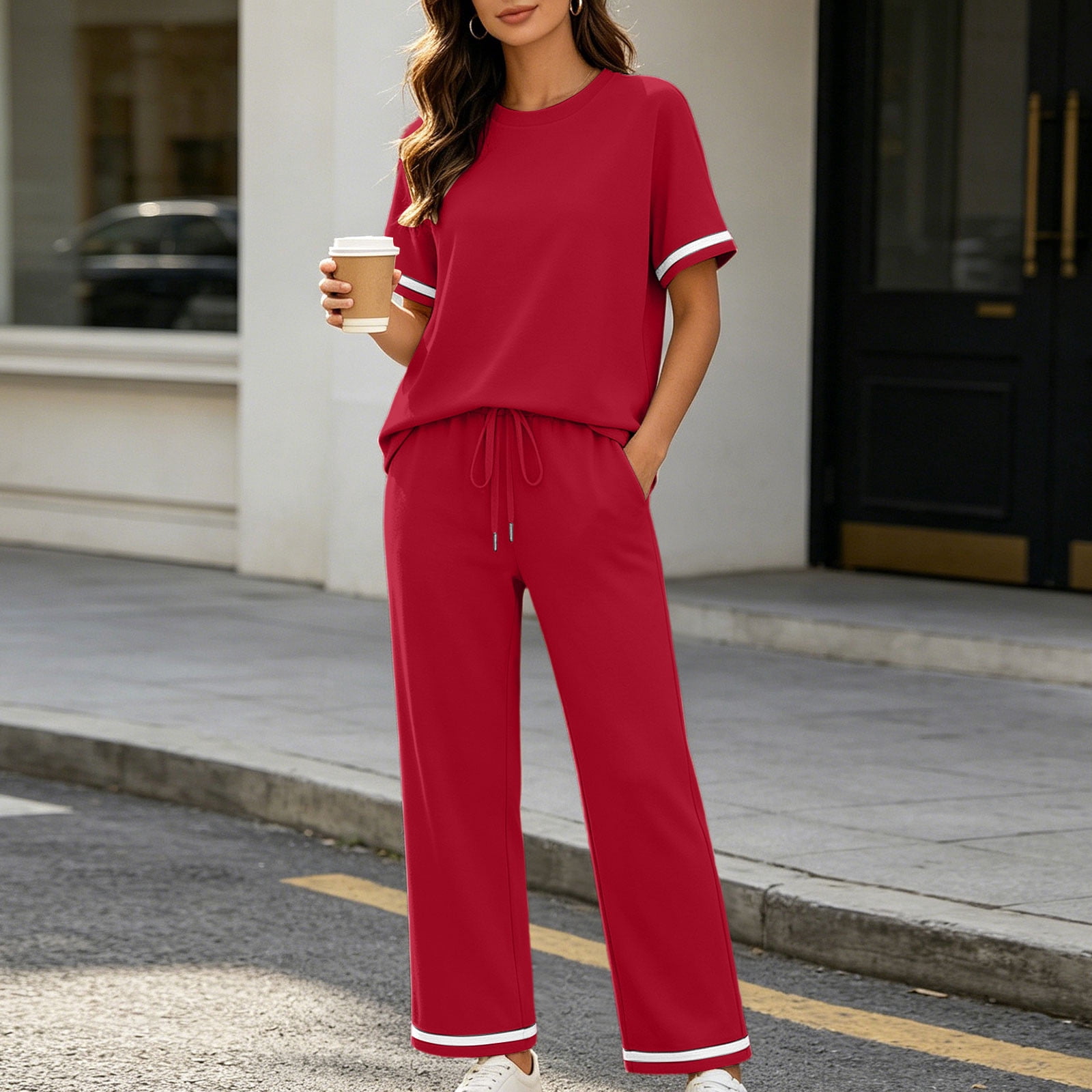 2 Piece Sets for Women Lounge Sets Casual Solid Color Short Sleeved T ...