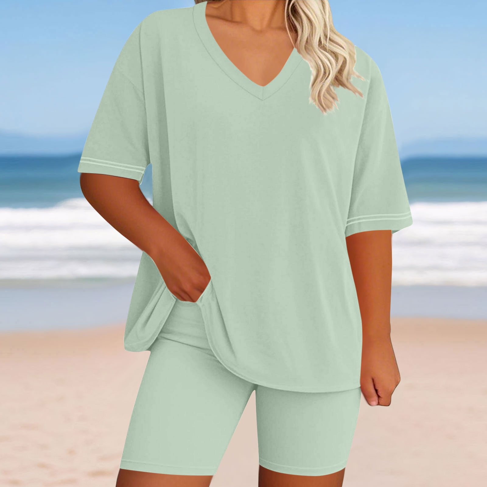 2 Piece Sets for Women Solid Color Short Sleeved Button Up Shirt With Drawstring Shorts Sets ...