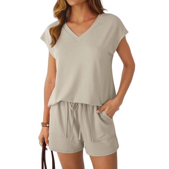 2 Piece Sets For Women Summer Casual Short Sleeve Solid Color Outfits V ...