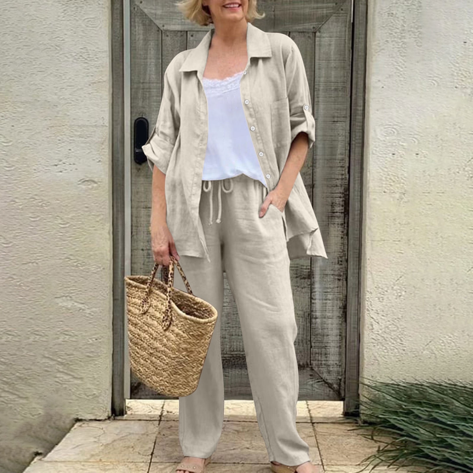 2 Piece Sets for Women Summer Linen Outfits Half Sleeve Collared Button ...