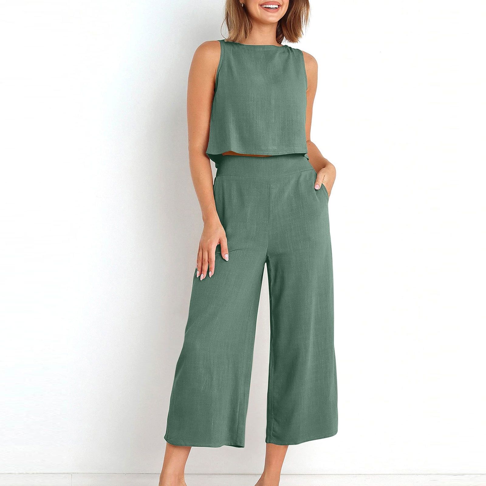 2 Piece Sets for Women Summer Linen Outfits Sleeveless Crop Tops Back ...