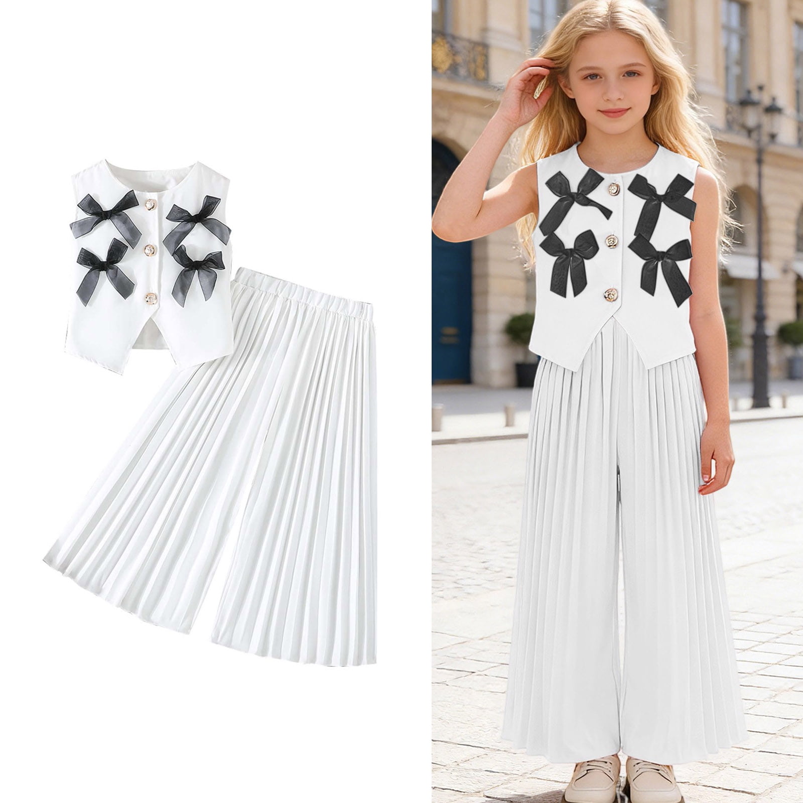 2 Piece Sets for Girls Bow Sleeveless Vest and Wide Leg Pants Set Girl ...