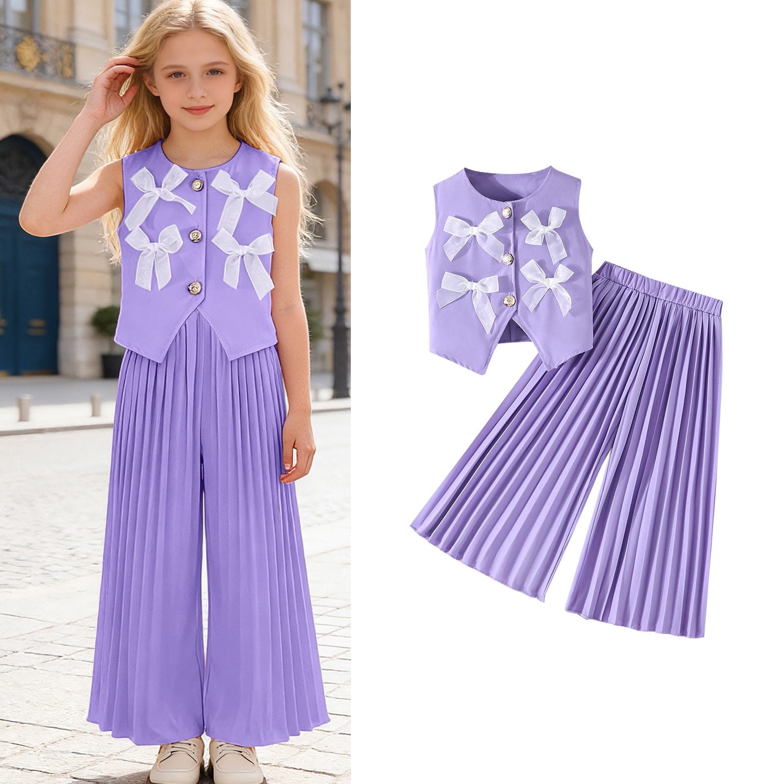 2 Piece Sets for Girls Bow Sleeveless Vest and Wide Leg Pants Sets ...