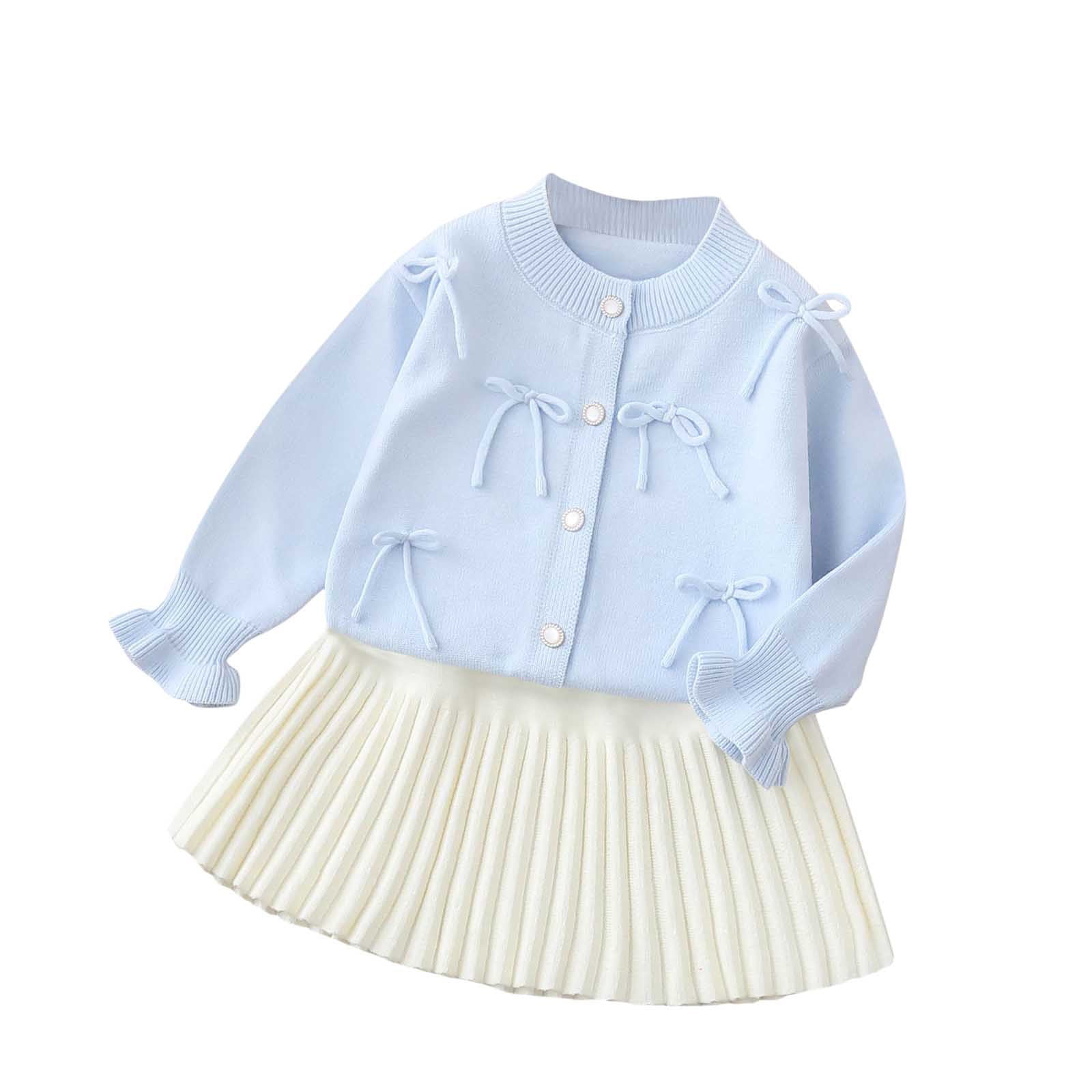 2 Piece Sets for Girls Cute Bow Long Sleeve Button Knitted Cardigans ...