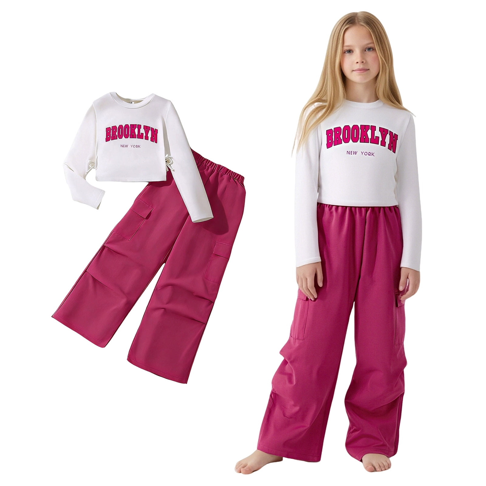 2 Piece Sets for Girls Long Sleeve Letter Print T-Shirt Top and Cargo ...