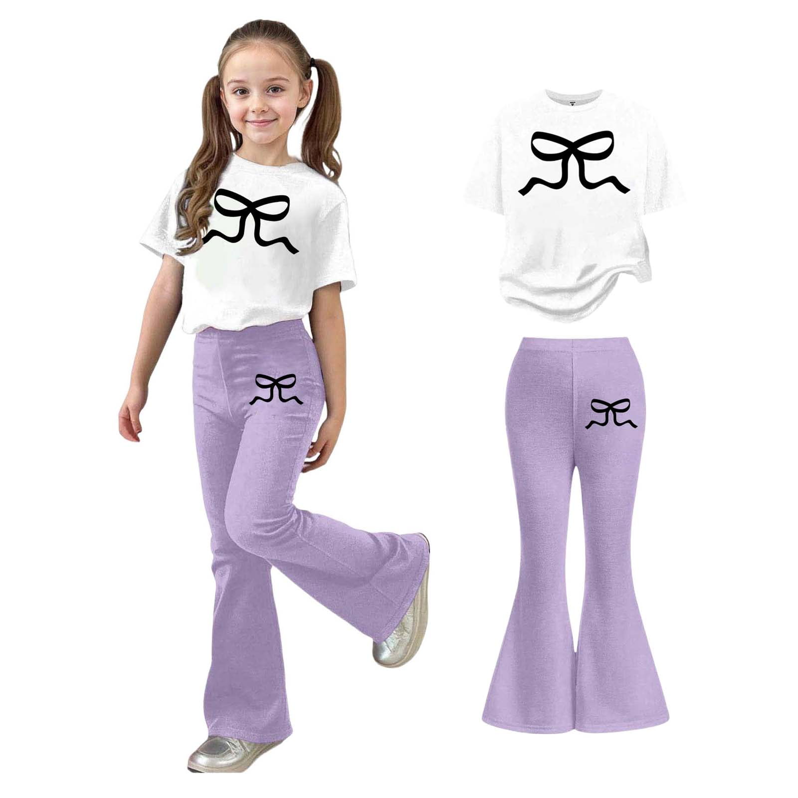 2 Piece Sets for Girls Short Sleeve Bow T-Shirt Top and Flared Pants ...