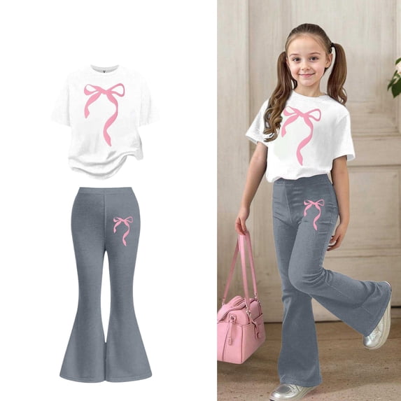 2 Piece Sets for Girls Short Sleeve Bow T-Shirt Top and Flared Pants ...