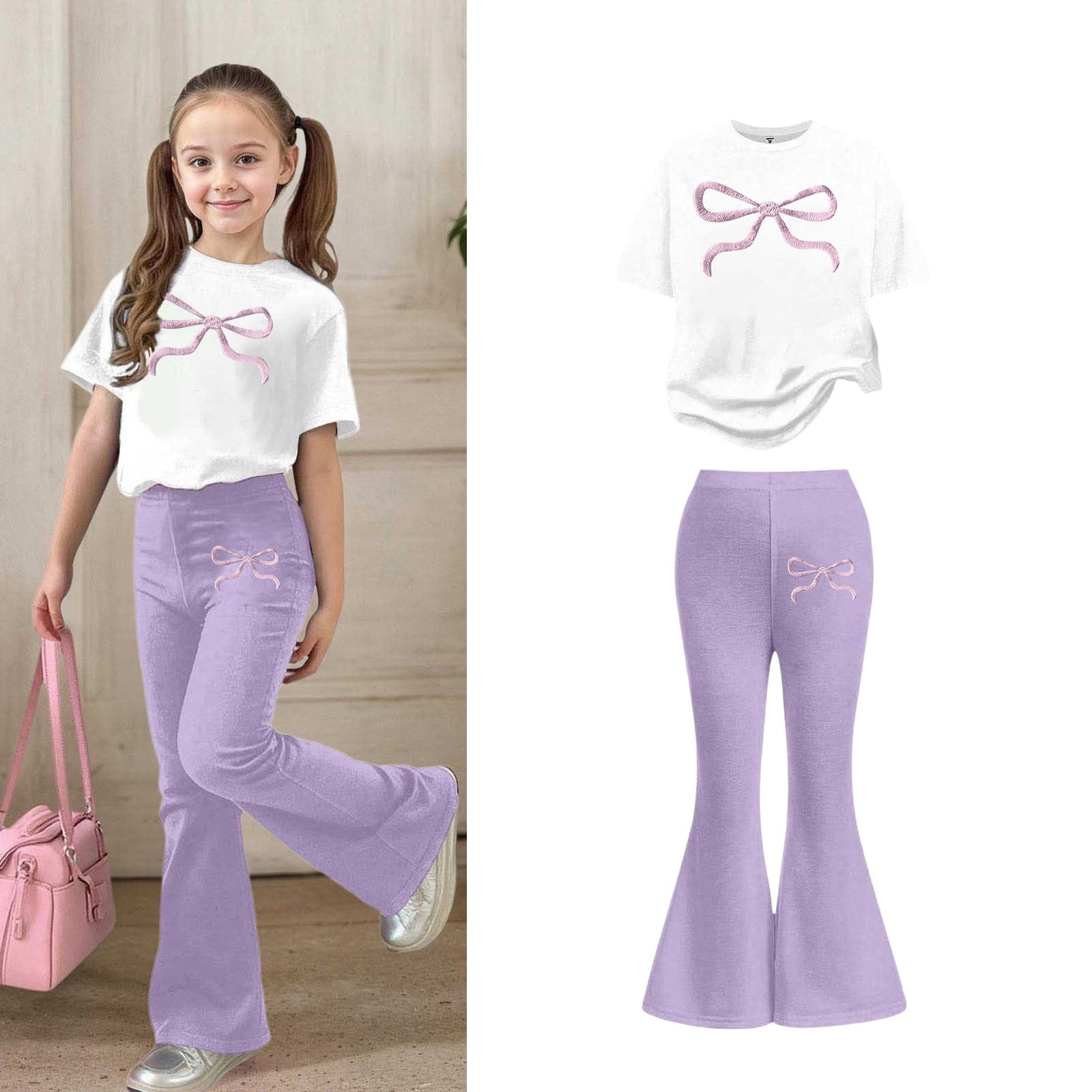 2 Piece Sets for Girls Short Sleeve Bow T-Shirt Top and Flared Pants ...