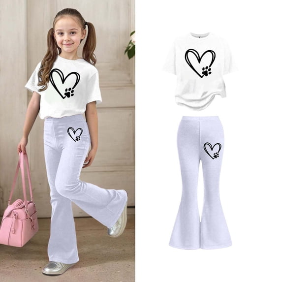2 Piece Sets for Girls Short Sleeve Heart T-Shirt Top and Flared Pants ...