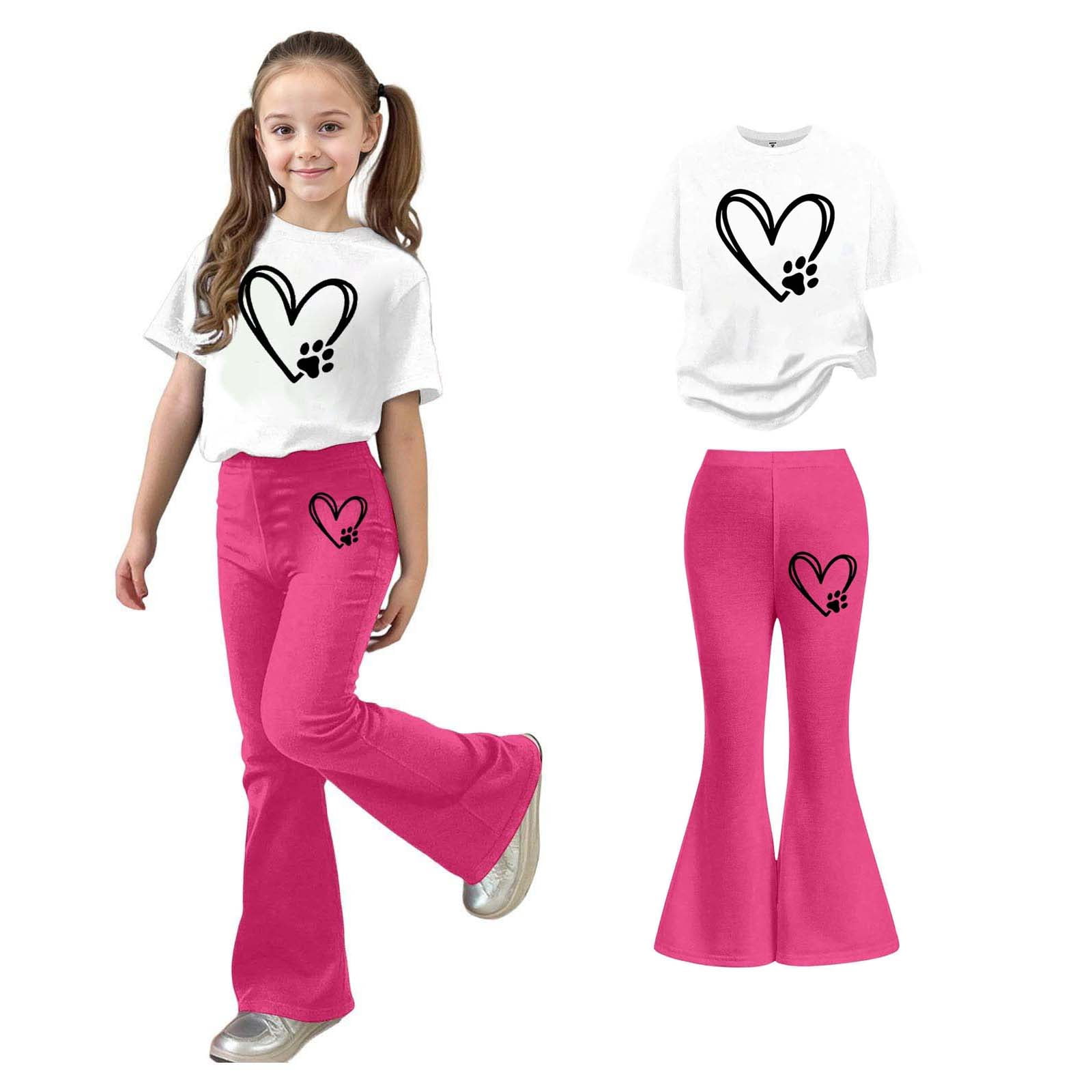 2 Piece Sets for Girls Short Sleeve Heart T-Shirt Top and Flared Pants ...