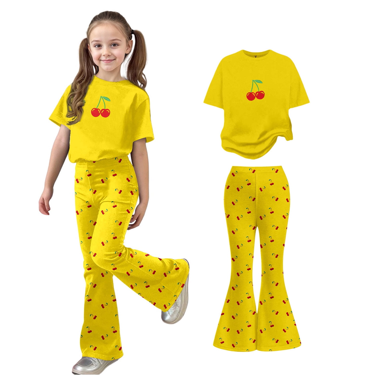 2 Piece Sets for Girls Short Sleeve T-Shirt Top and Flared Pants Sets ...