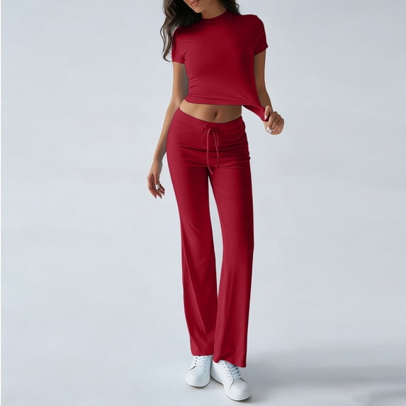 2 Piece Sets for Women 2026 Spring Short Sleeve Crop Tops Wide Leg ...