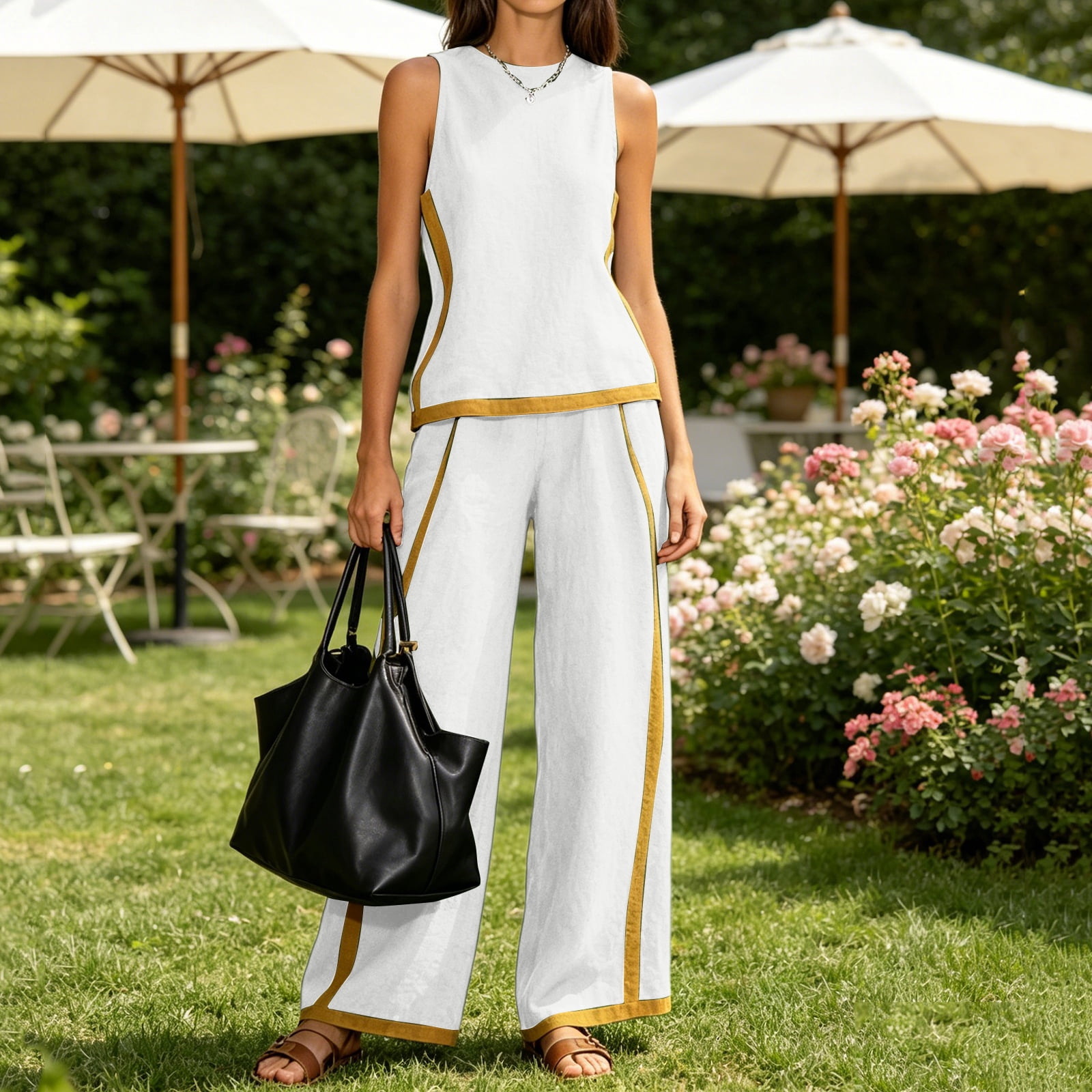 2 Piece Sets for Women Color Block Linen Lounge Sets Sleeveless Top ...