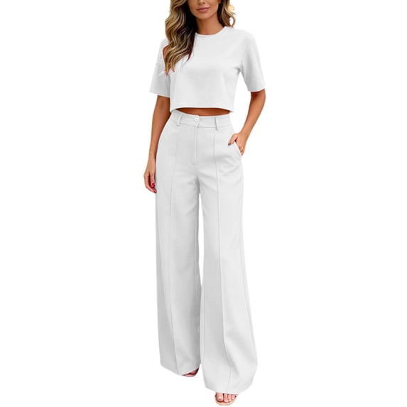 2 Piece Sets for Women Crew Neck Short Sleeve Crop Top Wide Leg Pants ...