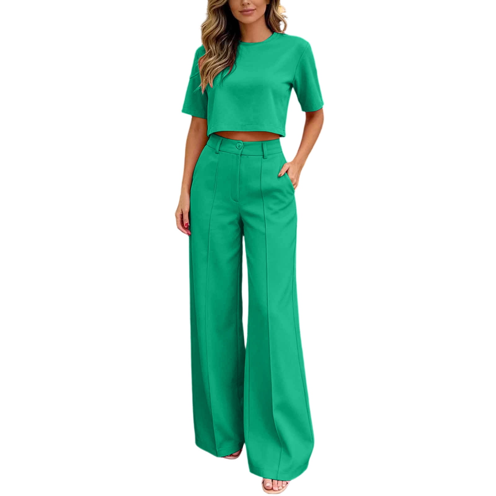 2 Piece Sets for Women Crew Neck Short Sleeve Crop Top Wide Leg Pants ...