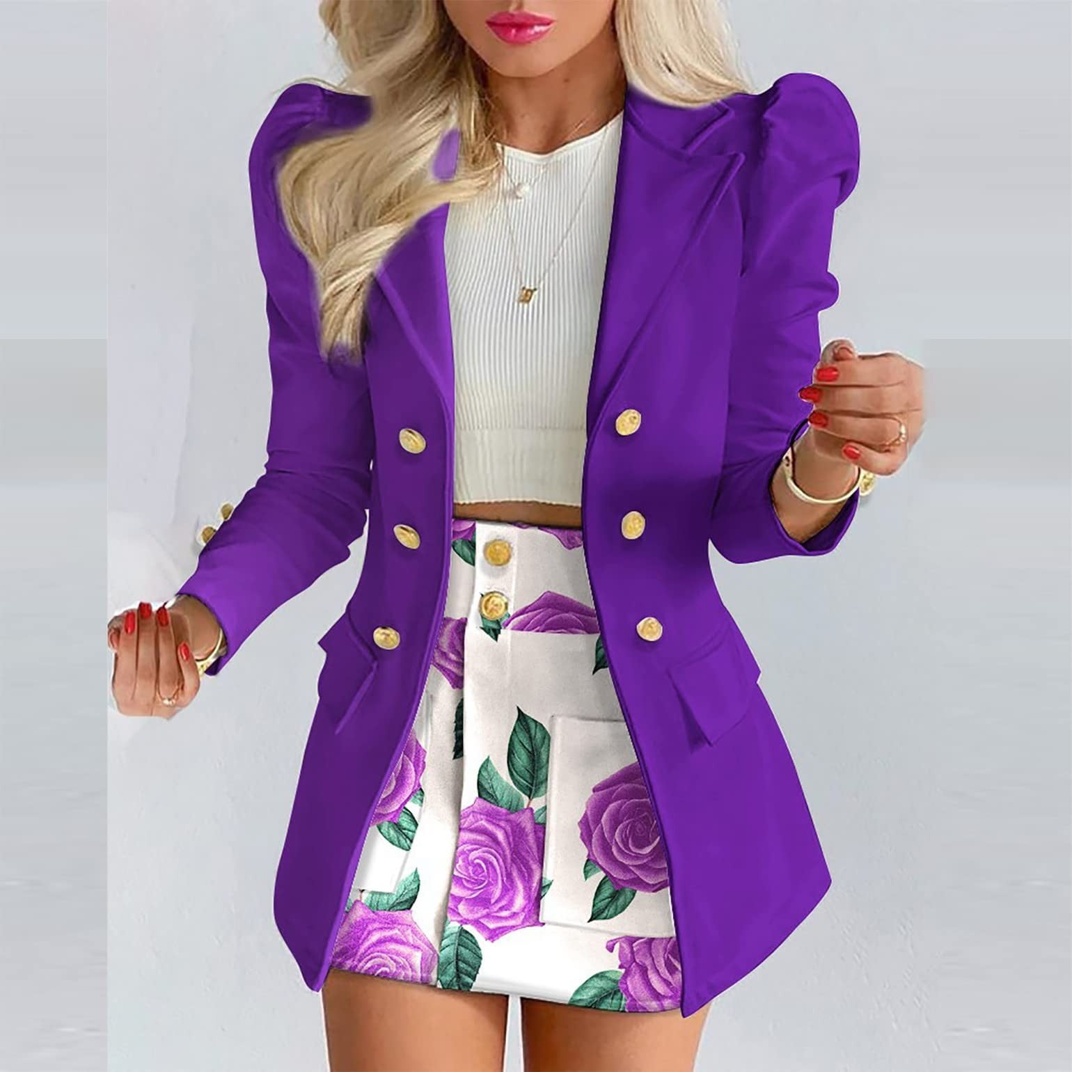 2 Piece Sets for Women Elegant Open Front Double Breasted Blazers Puff ...