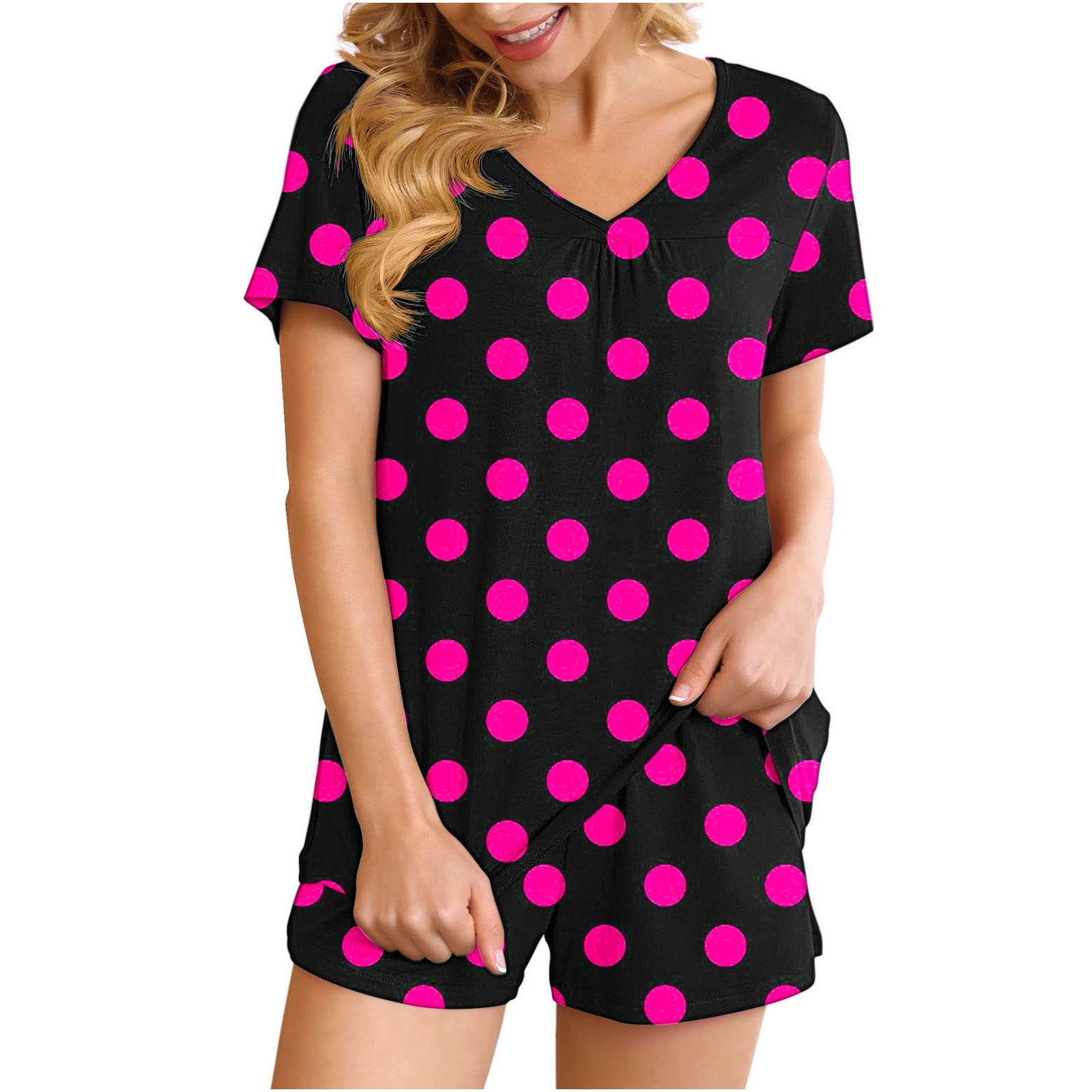 2 Piece Sets for Women Fashion Polka Casual Home Two-piece V-neck Top ...
