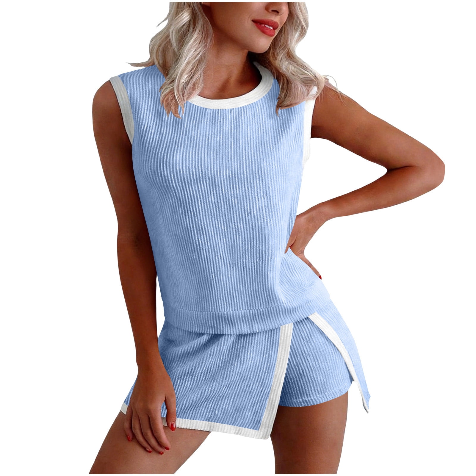 2 Piece Sets for Women Sleeveless Color Contrast Ribbed Knit Lounge ...