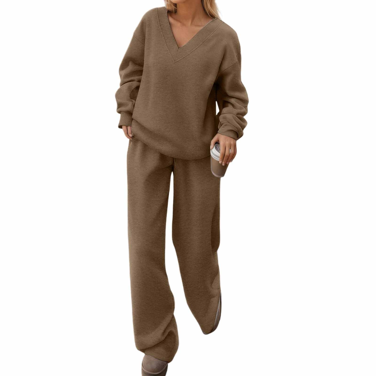 2 Piece Sets for Women Solid Color V Neck Tops Wide Leg Trousers ...