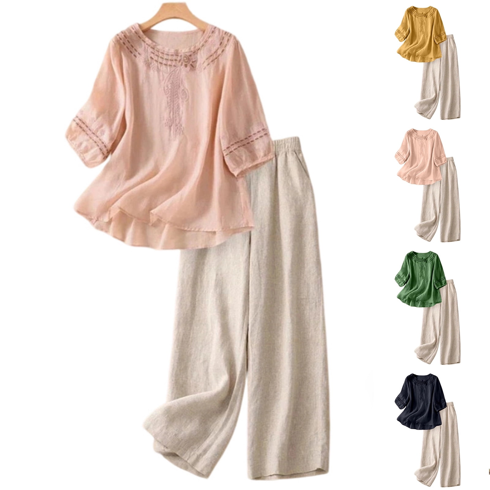 2 Piece Sets for Women Summer Cotton Linen Casual Matching Set 3/4 ...