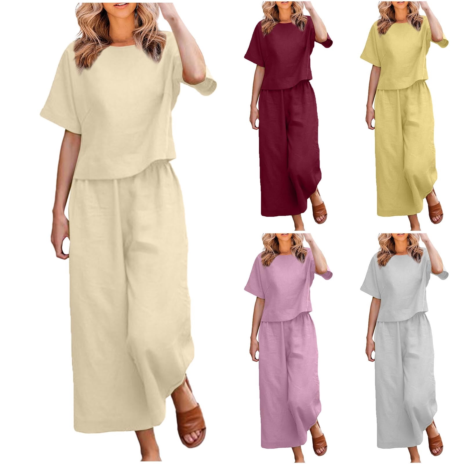 2 Piece Sets for Women Summer Cotton Linen Outfits Lounge Solid 3/4 ...