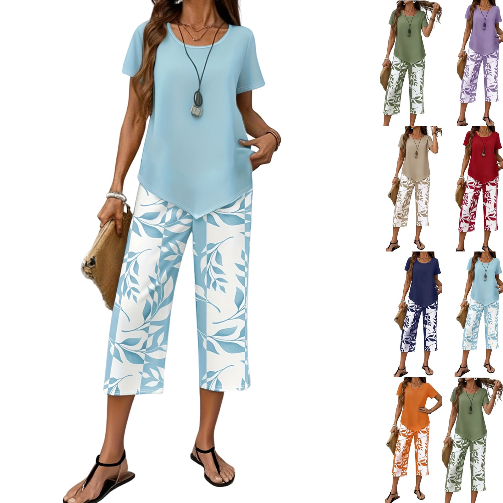 2 Piece Sets for Women Summer Lounge Sets Printed Capris Top Wide Leg ...