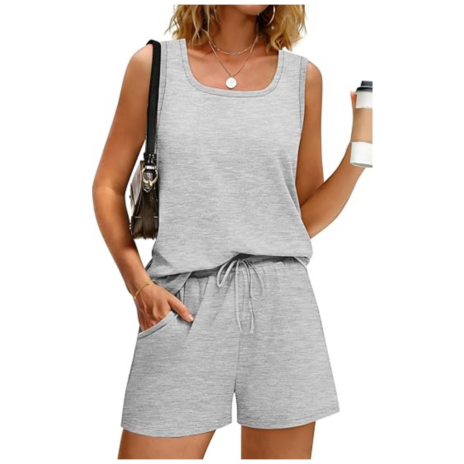 2 Piece Sets for Women Summer Lounge Short Sets Tank Square Neck ...