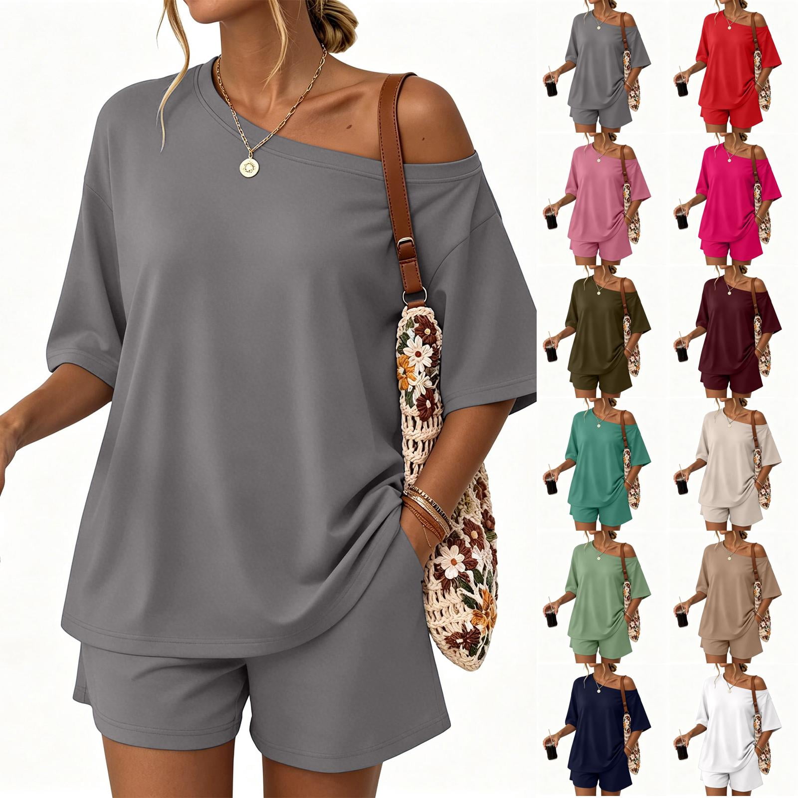 2 Piece Sets for Women Summer Off the Shoulder T Shirt Casual Shorts ...