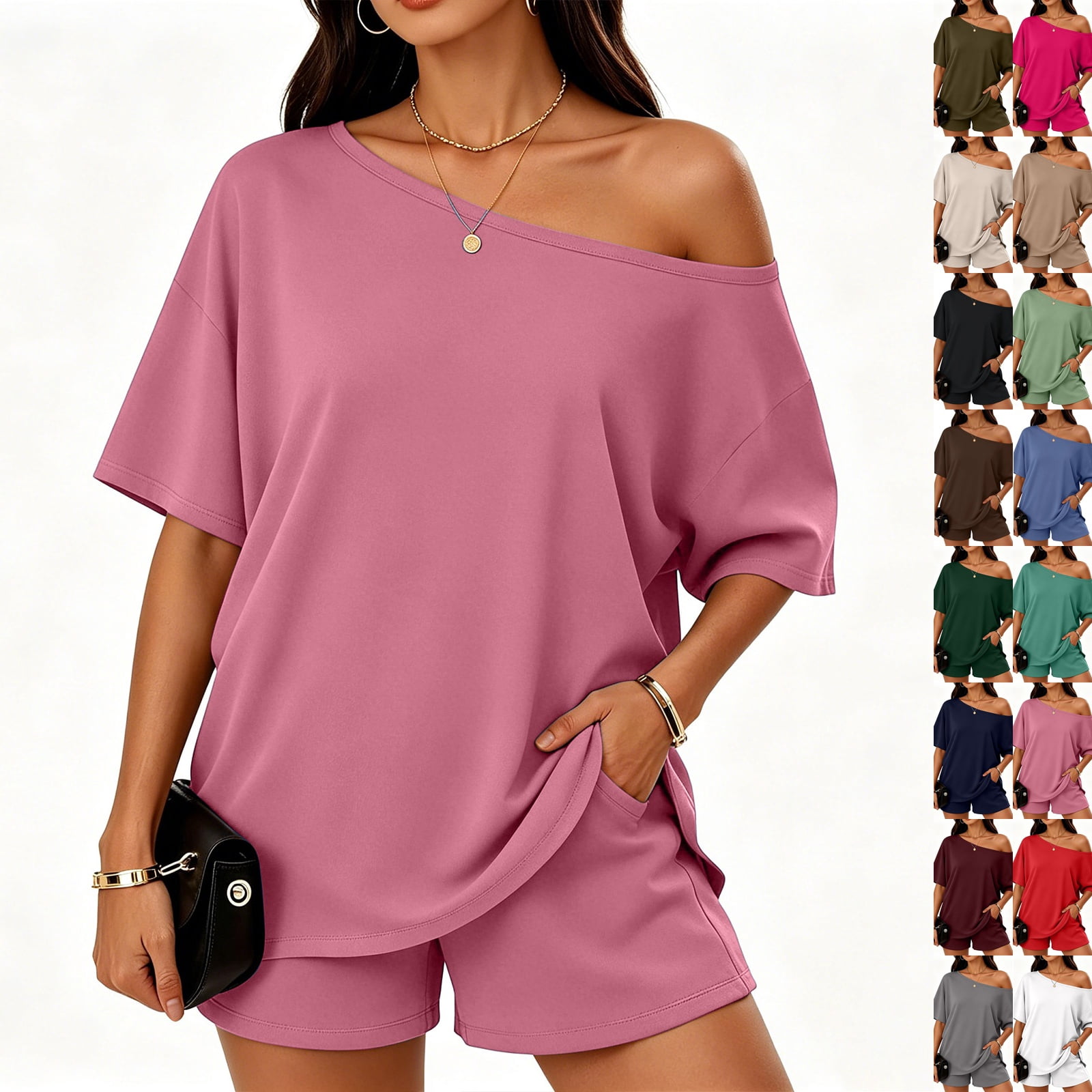 2 Piece Sets for Women Summer Off the Shoulder T Shirt Casual Shorts ...