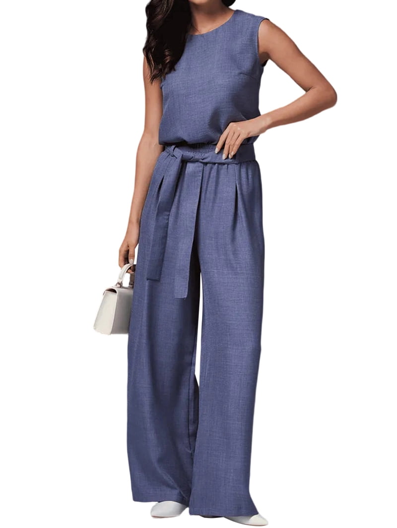 2 Piece Sets for Women Summer Round Neck Cap Sleeve Top and Wide Leg ...