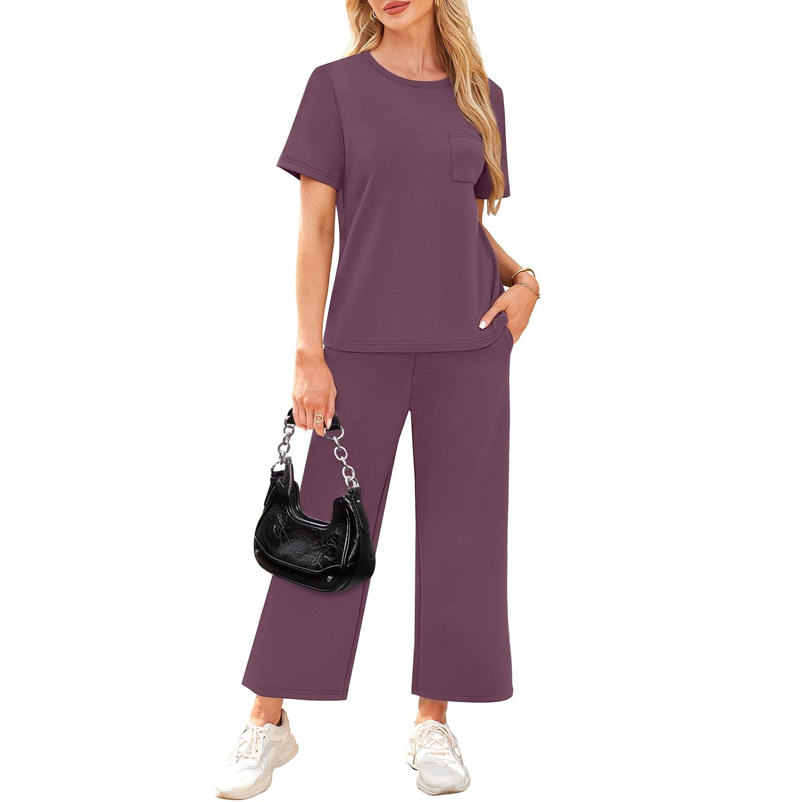 2 Piece Sets for Women Summer Short Sleeve Top Wide Leg Crop Pants ...