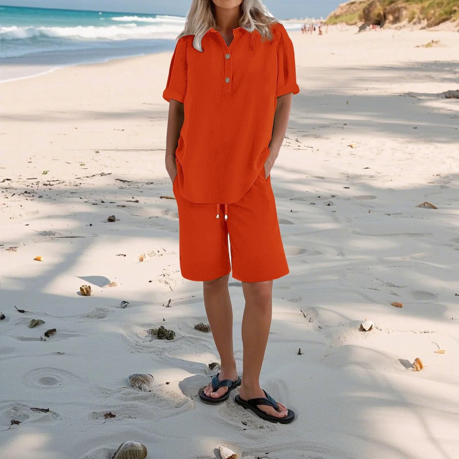 2 Piece Sets for Women Summer Short Sleeve Top and Bermuda Shorts ...