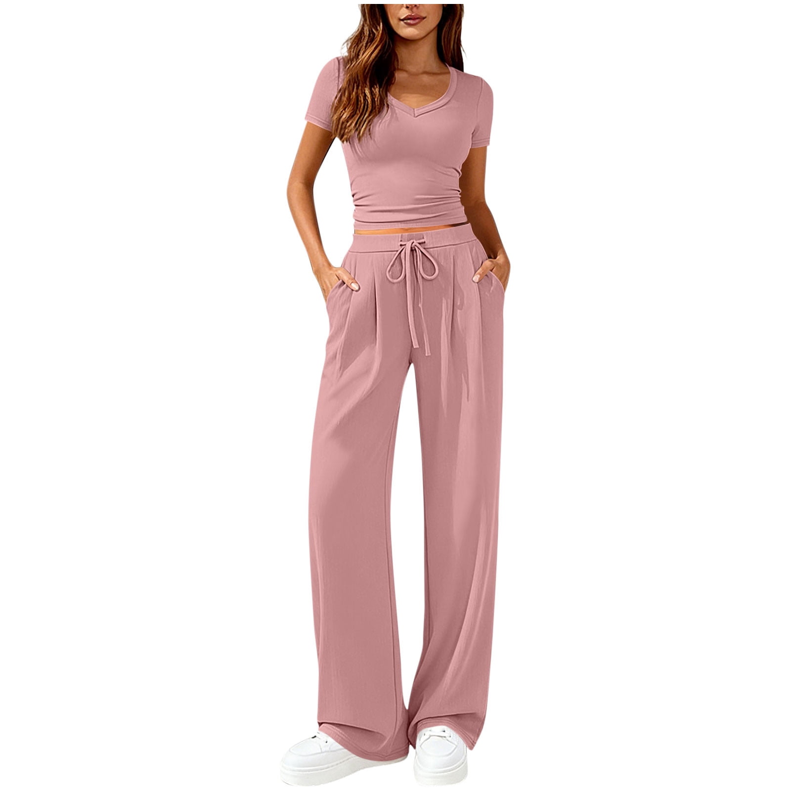 2 Piece Sets for Women Summer Spring Lounge Set Matching V Neck Tops ...