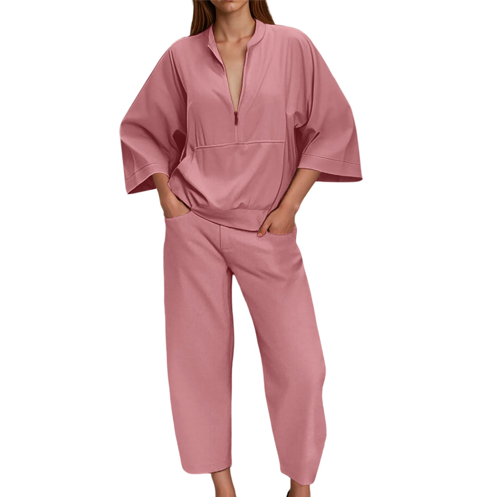 2 Piece Sets for Women, Women Solid Long Sleeve Pocket Shirt Pants Set ...