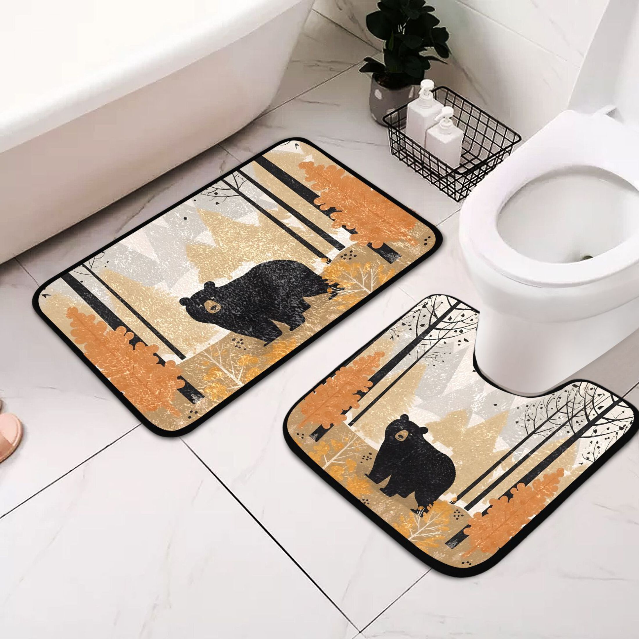 Rustic Cabin Bath Mat,Bear Deer Forest Woodland Farmhouse Brown Flannel ...
