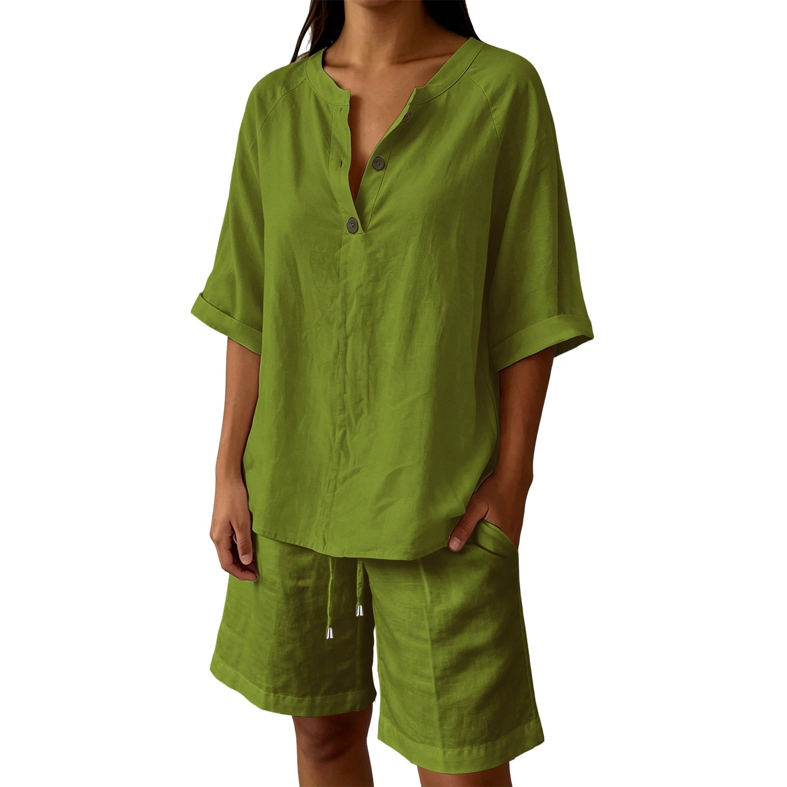 2 Piece Short Sets For Women,Linen Short Sets For Women Short Sleeve ...
