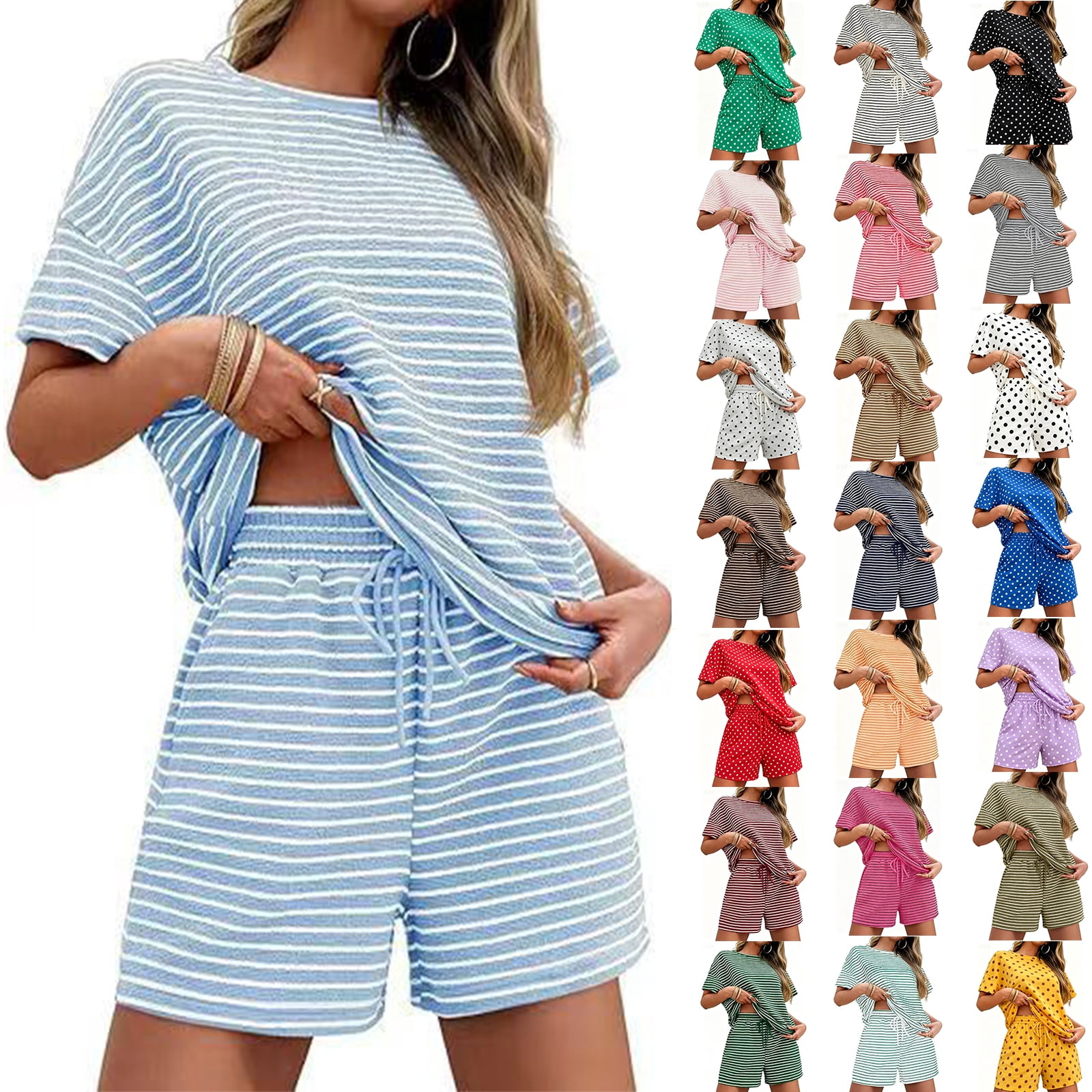 2 Piece Short Sets for Women Breathable Crew Neck Short Sleeve Striped ...