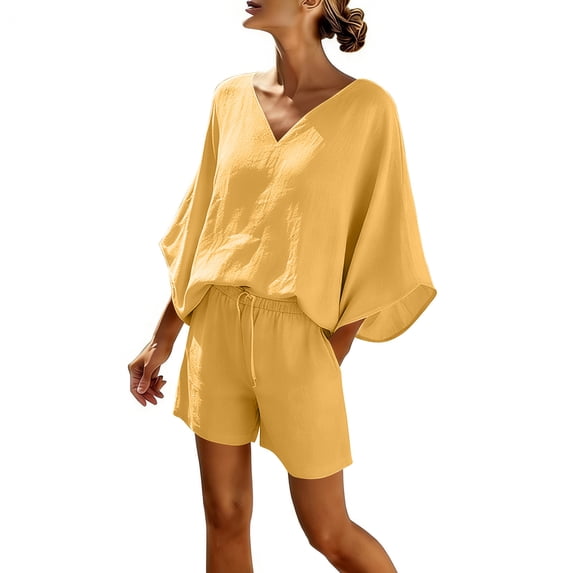 2 Piece Short Sets for Women Summer Cotton Linen V Neck Batwing Sleeve ...