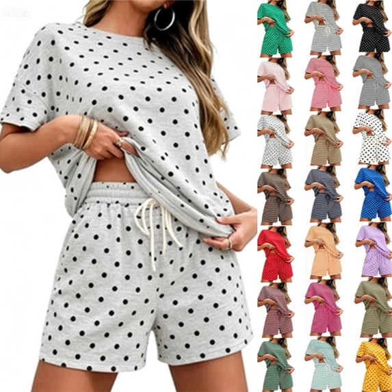 2 Piece Short Sets for Women Summer Striped Lounge Set Breathable Crew ...
